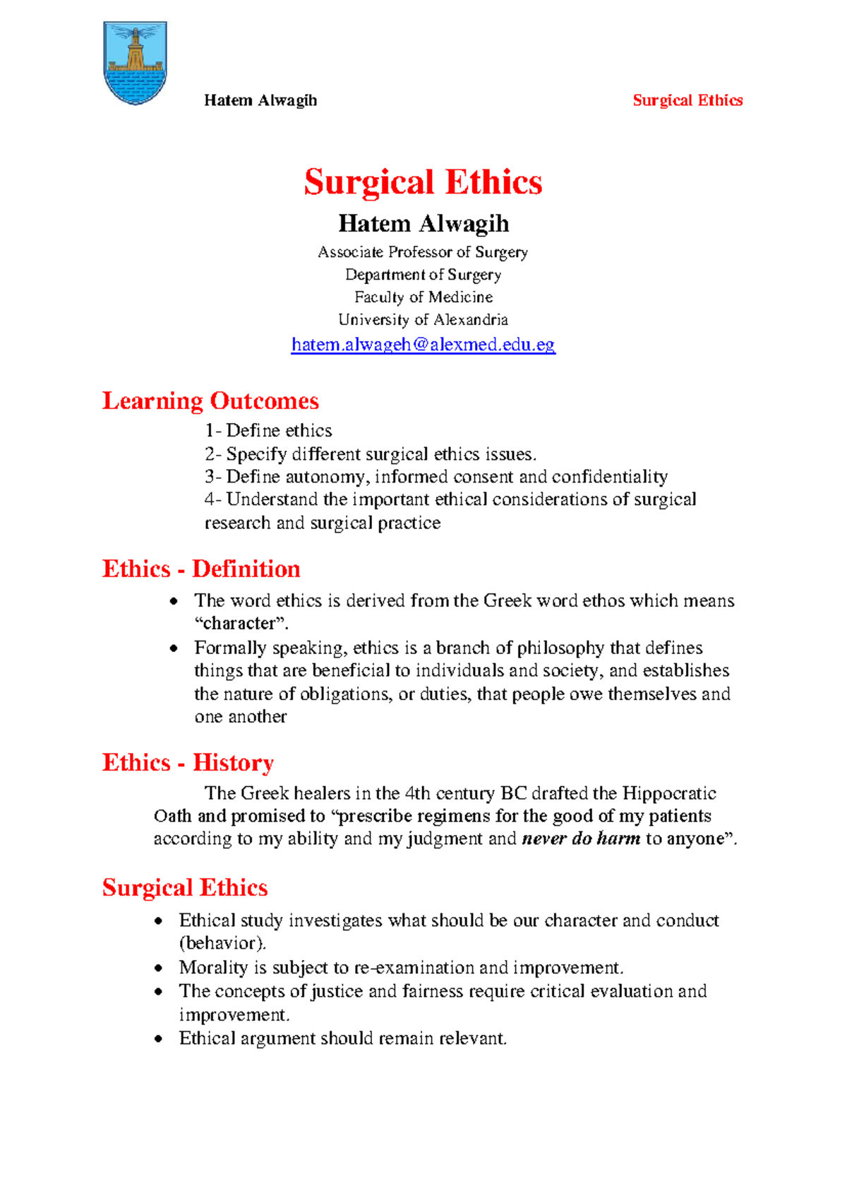 Surgical Ethics Overview - DR. Hatem Alwagih - Studocu