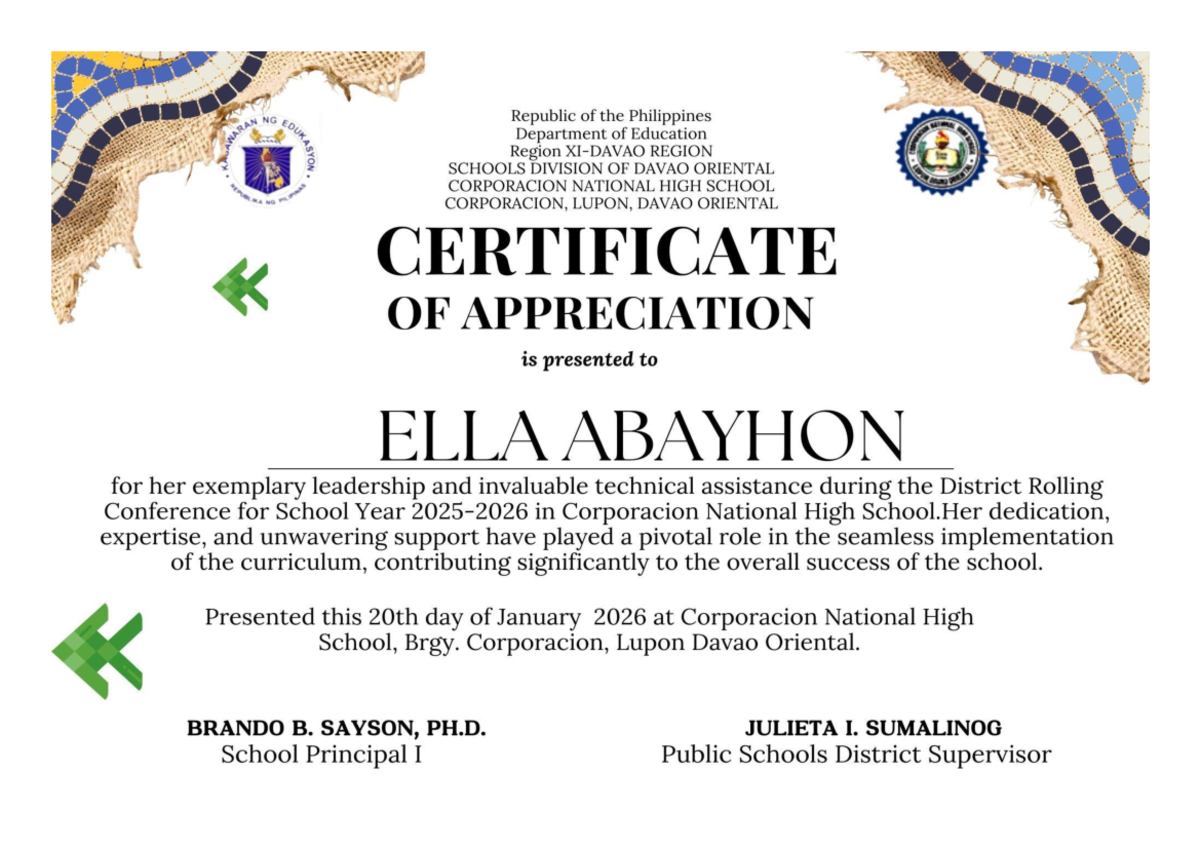 Certificate of Appreciation for School Heads - Davao Oriental - Studocu
