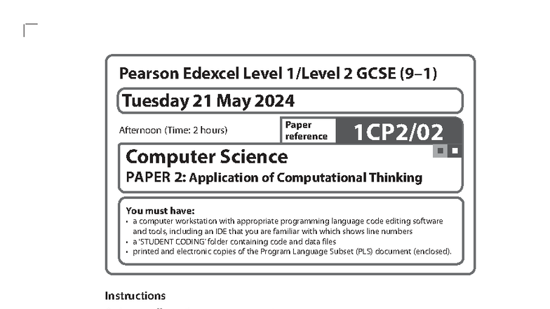 Edexcel Level 2 GCSE Computer Science PAPER 2: Application of Computational - Studocu