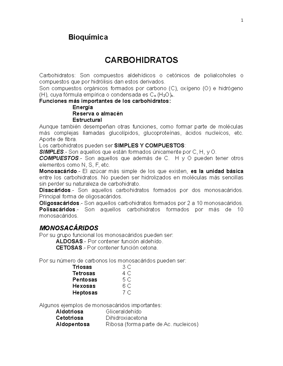Resumen Bioquimica - Bioquímica CARBOHIDRATOS Carbohidratos: Son ...