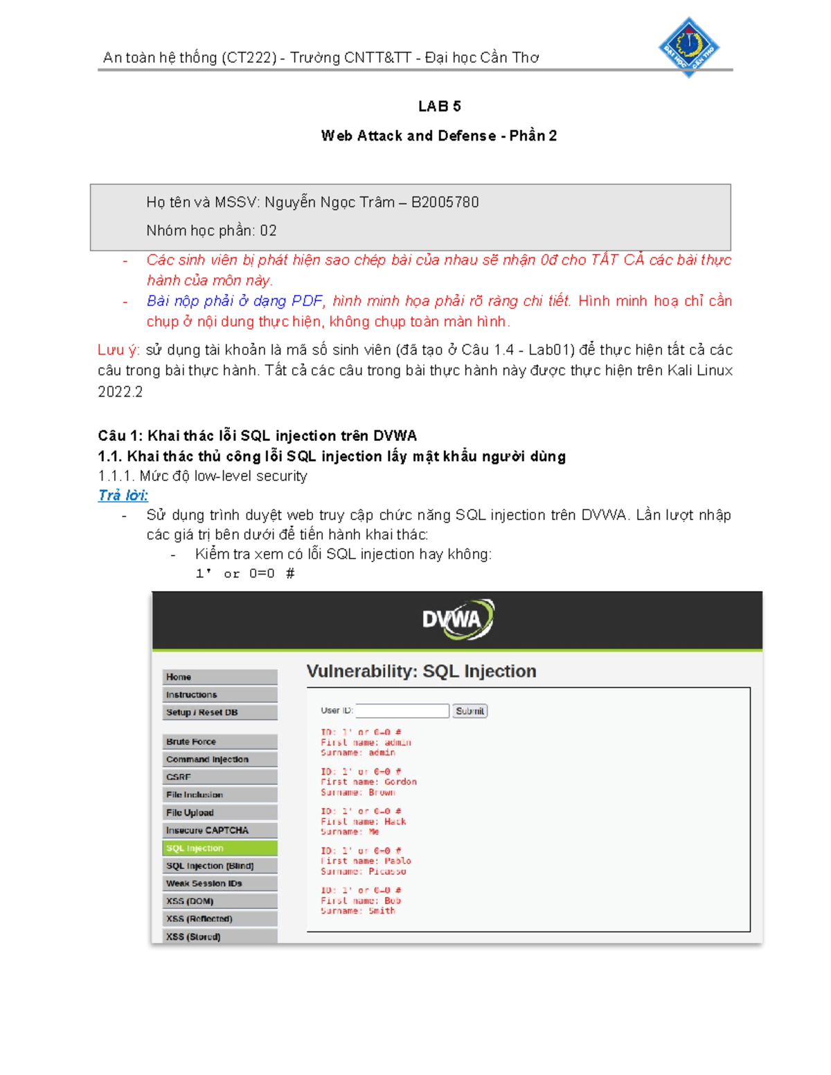 ATHT Lab5 2023-2024 - Phân Tích Tấn Công và Phòng Ngừa Web - Studocu