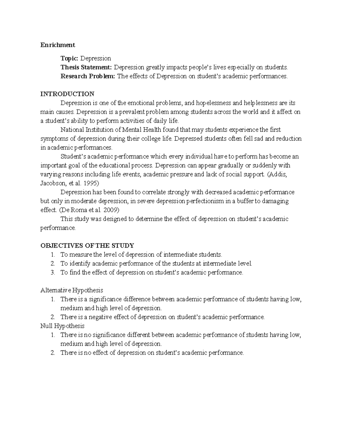 Research paper about eapp - Enrichment Topic: Depression Thesis ...