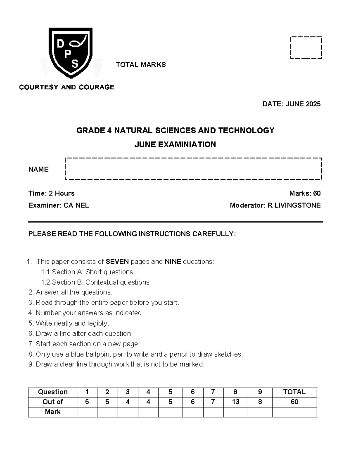Grade 4 NS June Examination 2025: Total Marks and Instructions - Studocu