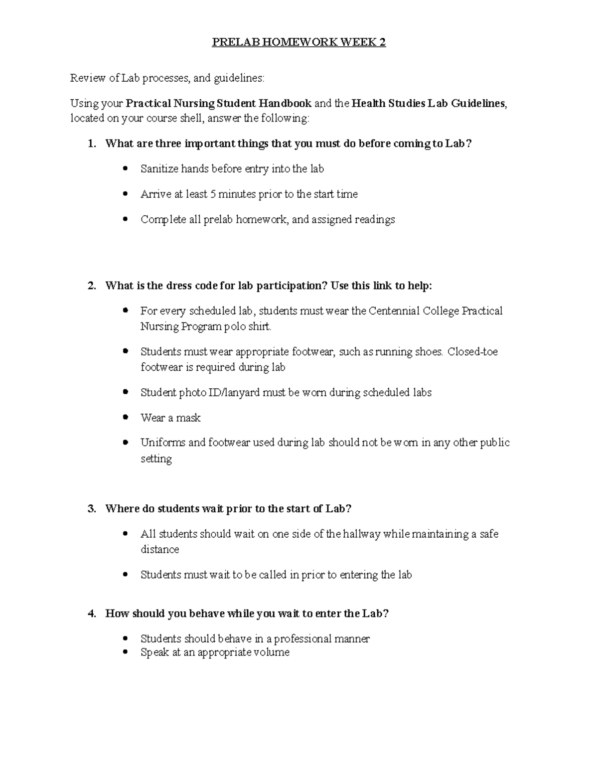 PNUR 105- PRELAB WEEK 2 - Review of Lab processes, and guidelines: Using your Practical Nursing ...