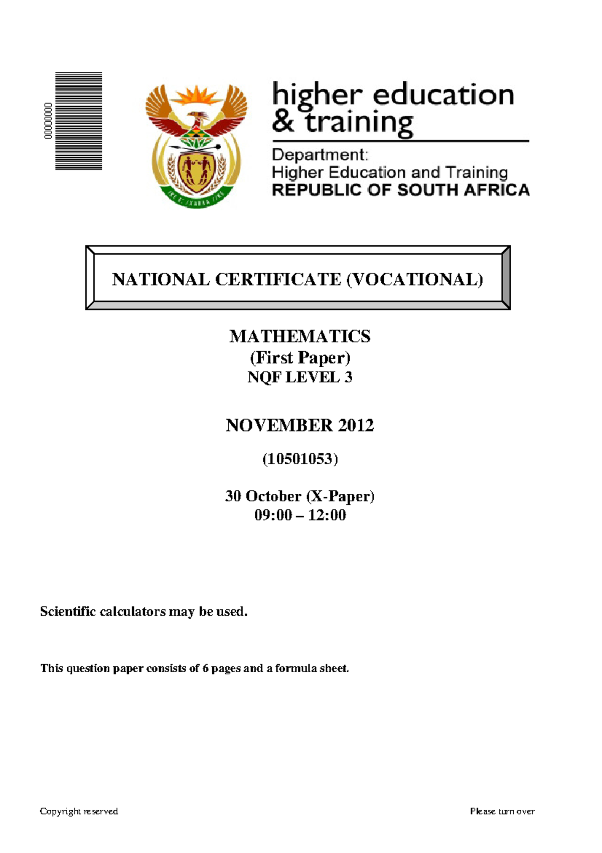 Mathematics NQF Level 3 Final Exam Paper (10501053) - Nov 2012 - Studocu