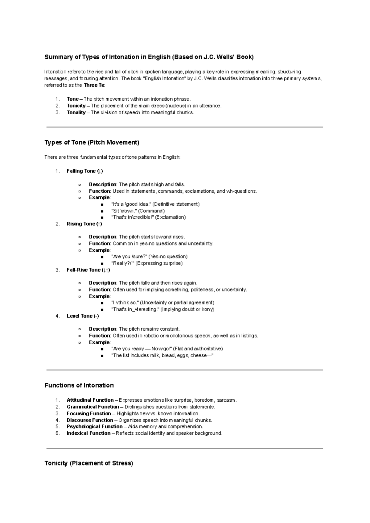 Summary of Intonation Types in English Based on J. Wells' Work - Studocu