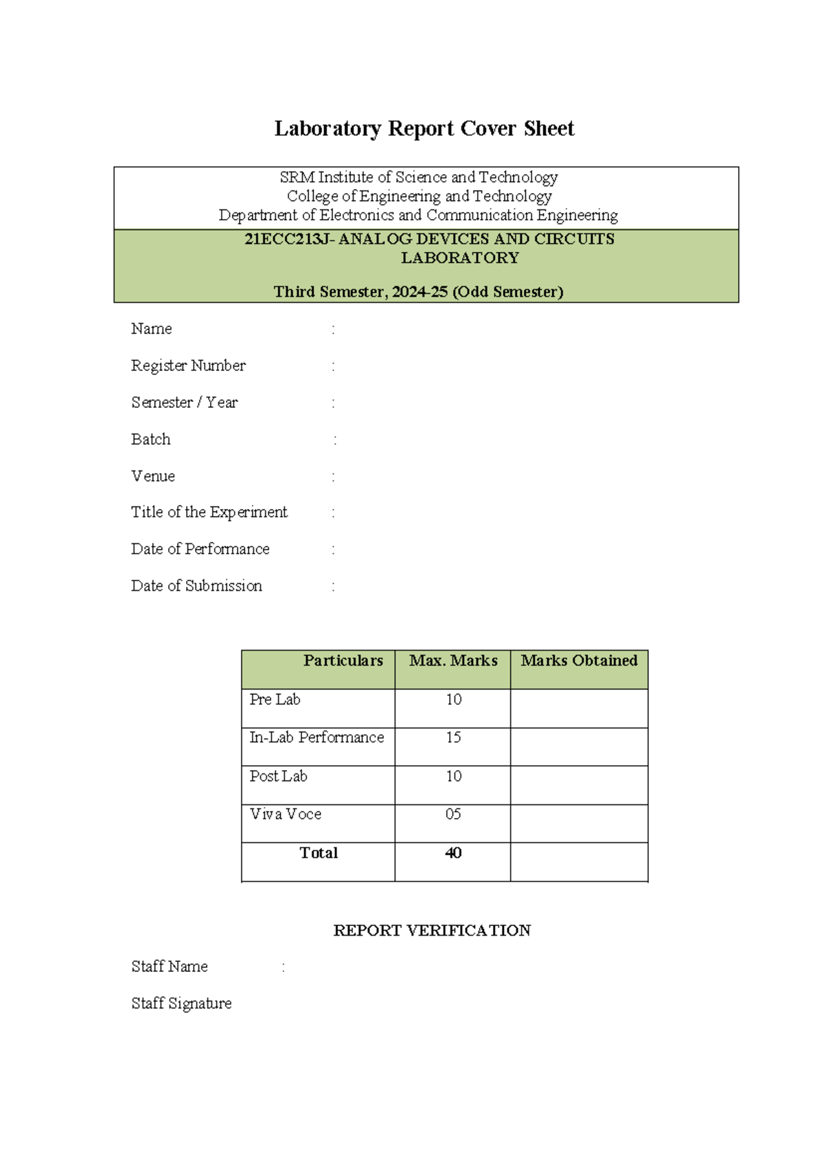 Cover sheet - ADC - Laboratory Report Cover Sheet SRM Institute of ...