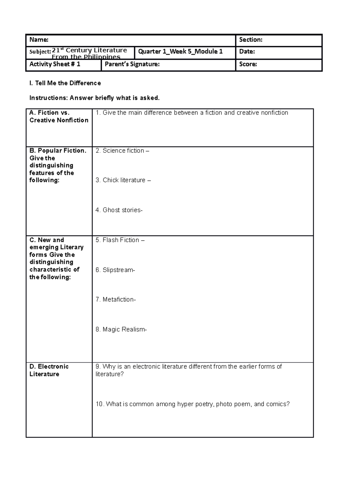 Activity Sheet #1 21st Century Literature - Name: Section: Subject ...