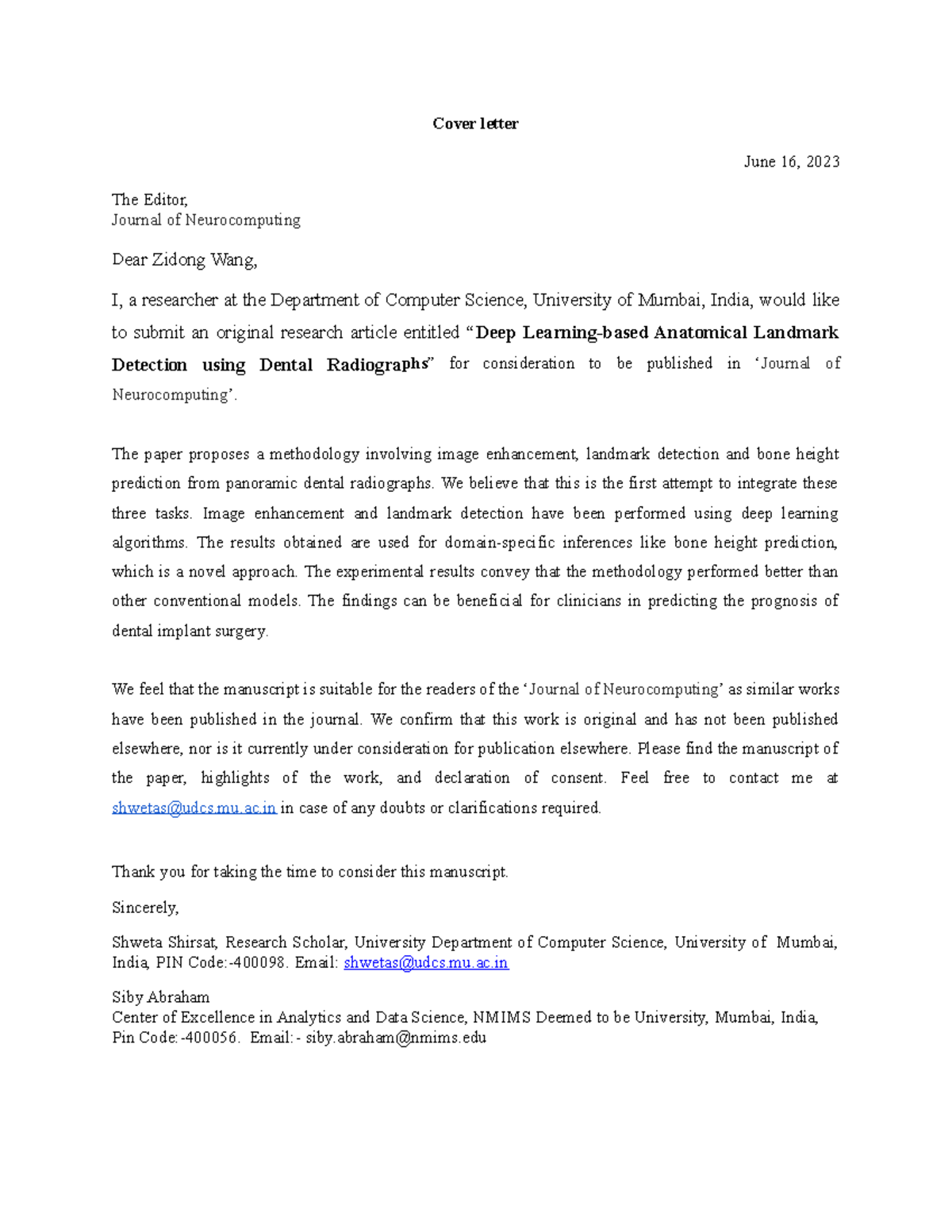 Cover Letter for Submission: Neurocomputing Journal Submission - Studocu