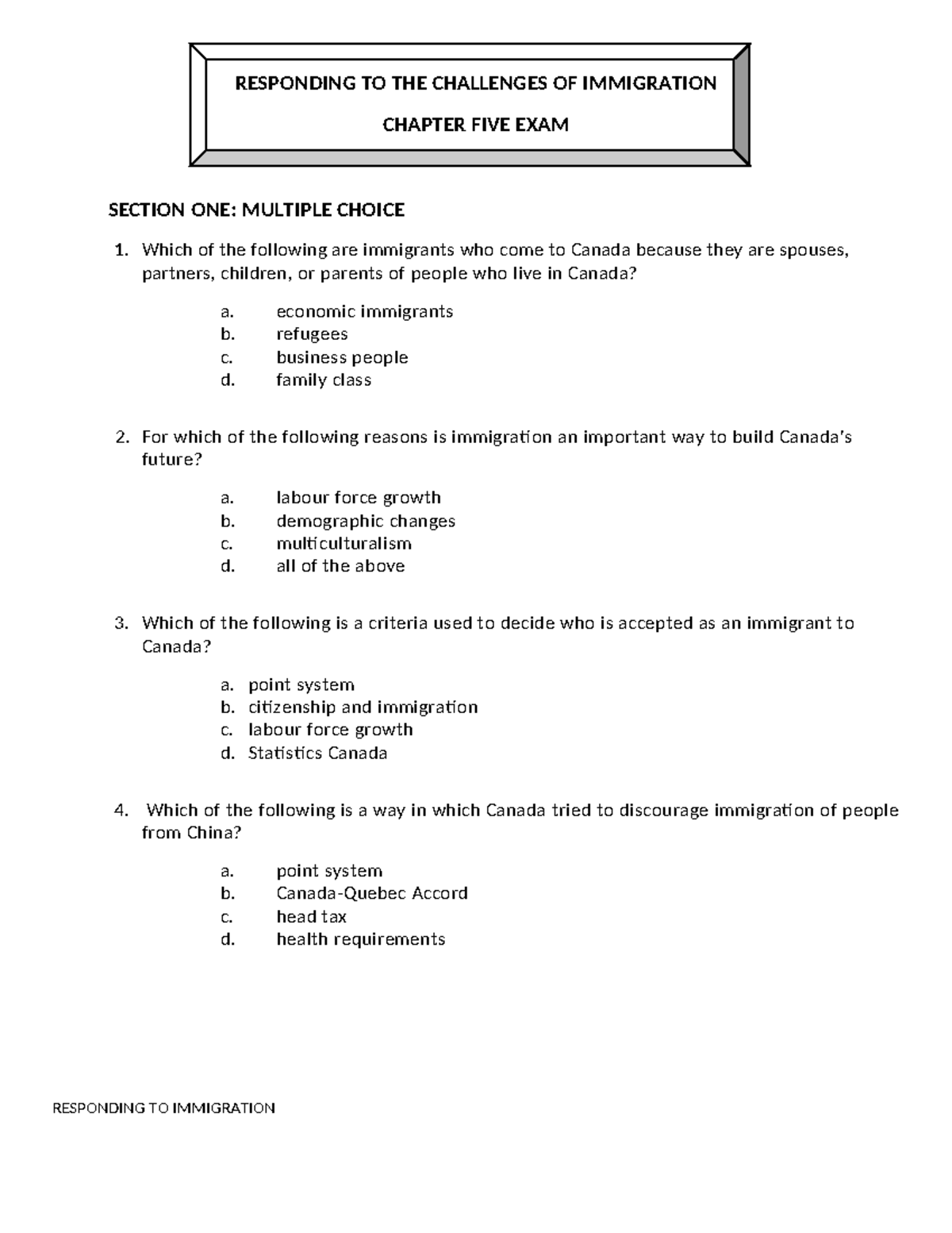 SS 9 Chapter 5 Immigration Issues Exam: Multiple Choice & Short Answer ...