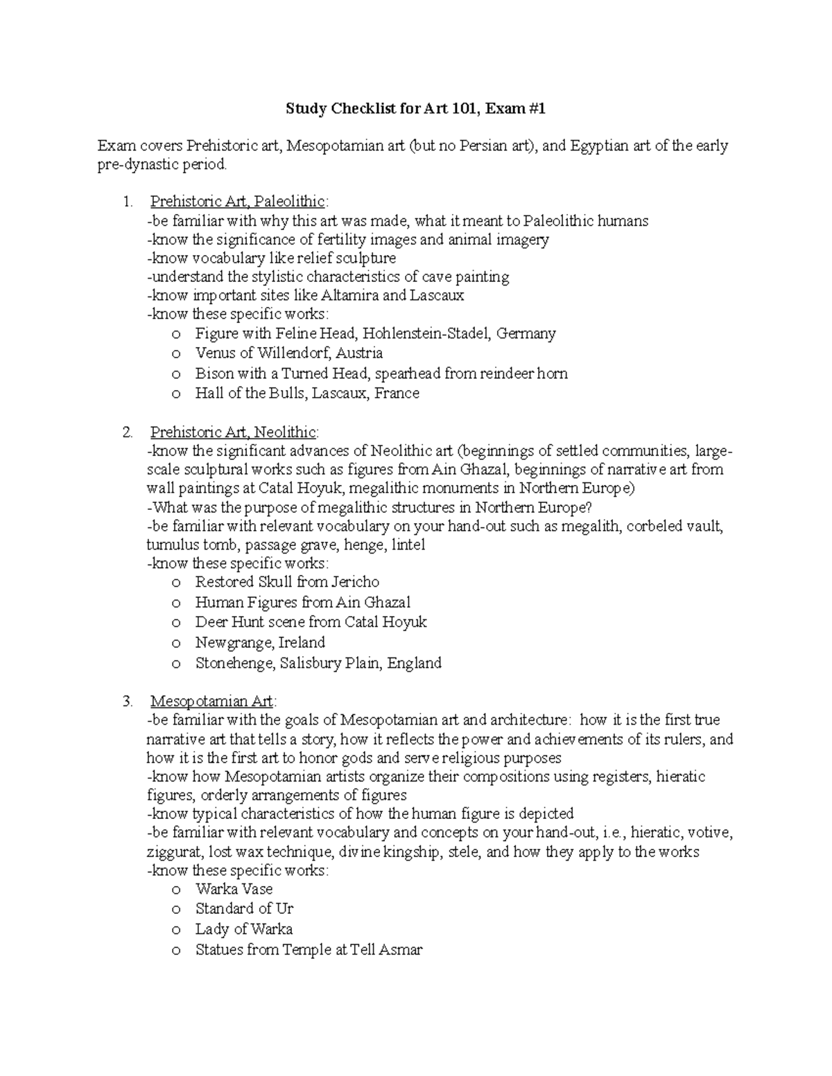Study Checklist for Art 101 Exam 1 - Study Checklist for Art 101, Exam ...