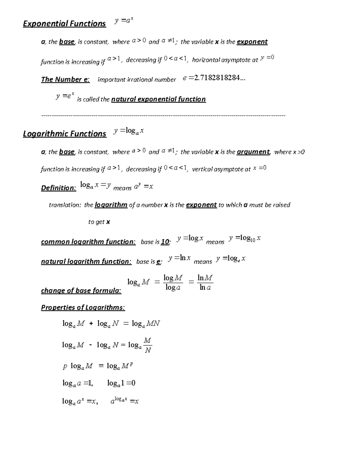 Exponential Logarithm Functions Handout Math 101 Studocu