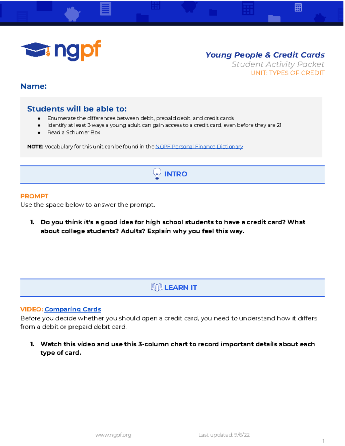 Young People & Credit Cards: Student Activity Packet (Unit on Credit ...