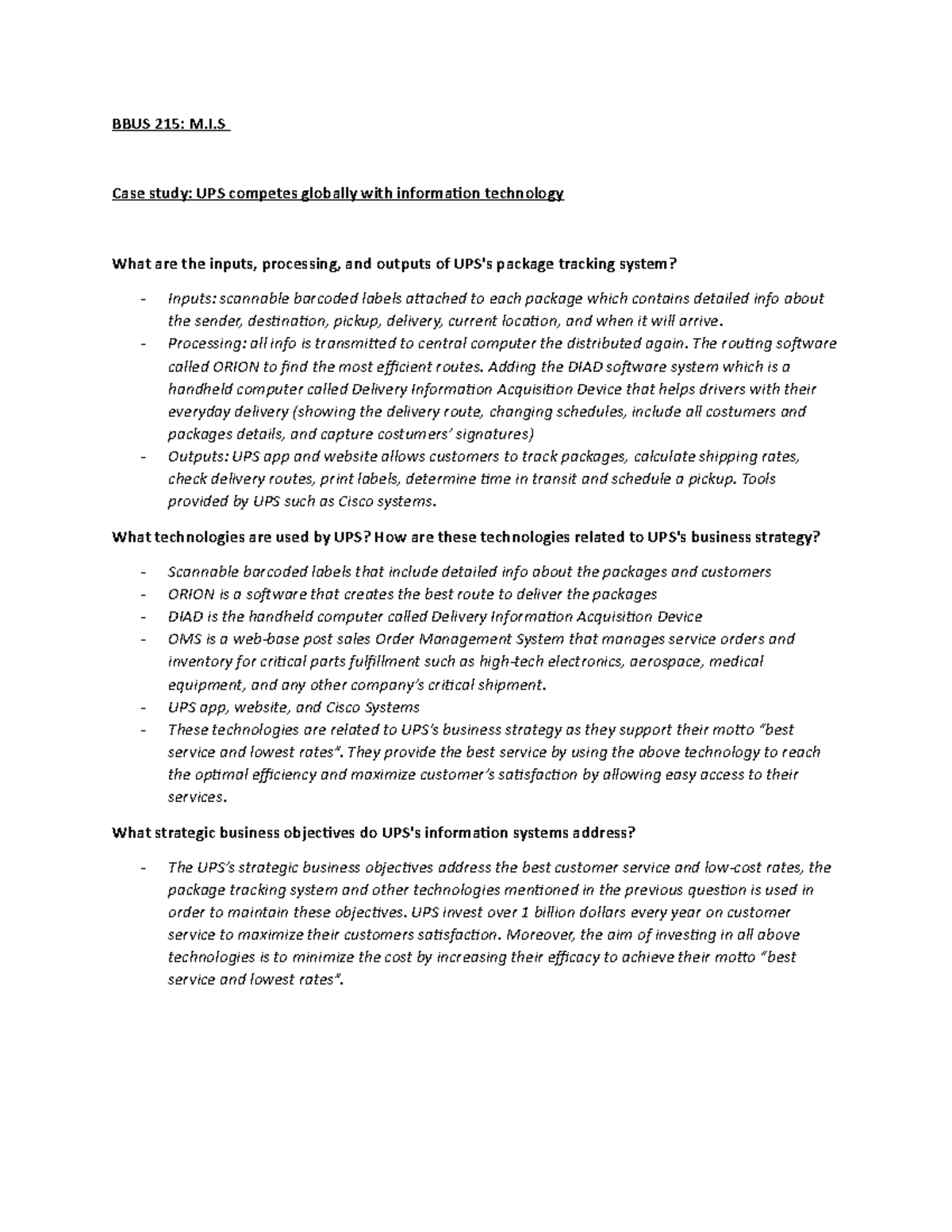 UPS competes globally with information technology case study - BBUS 215 ...