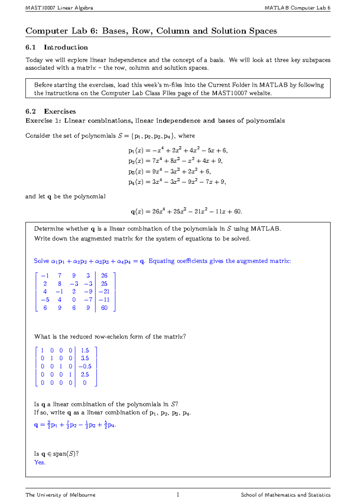 Linear Algebra MATLAB Computer Lab 6: Bases and Subspaces Analysis ...