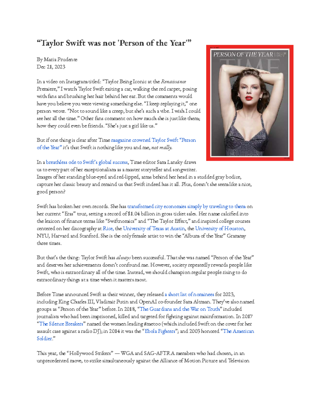 Taylor Swift: A Reflection on 'Person of the Year' 2023 - Sp24 - Studocu