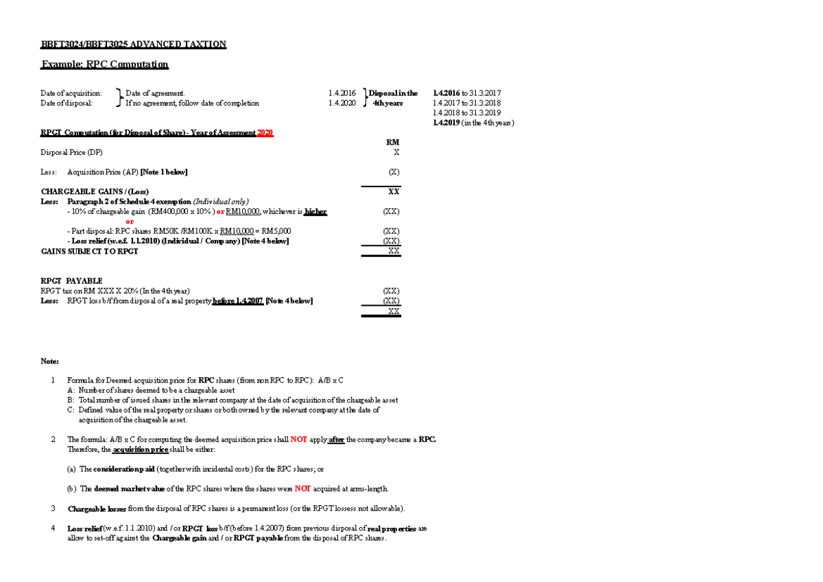 L8.2 RPGT & L9.2 RPC Computation Format for Share Disposal - Studocu