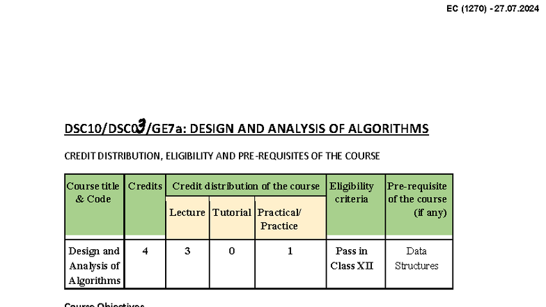 EC (1270) Syllabus: Design and Analysis of Algorithms - Studocu