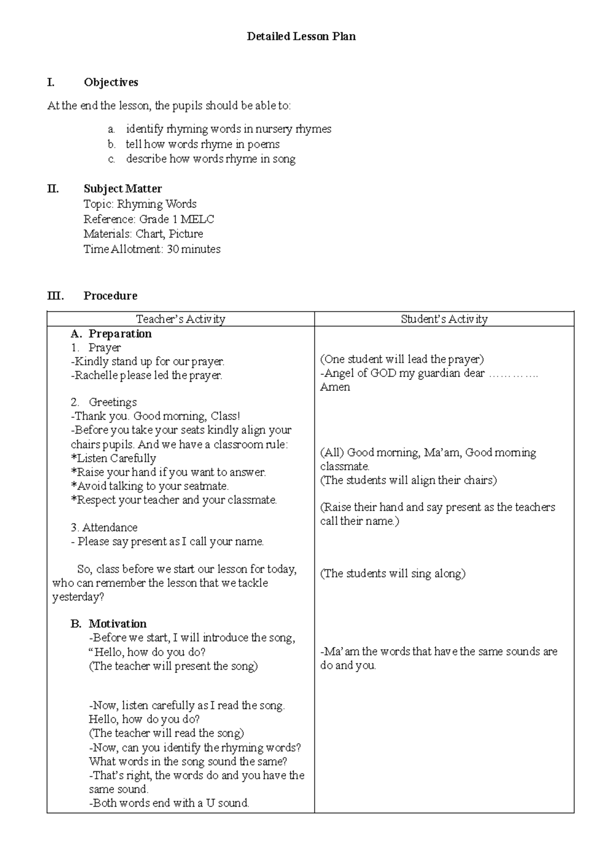 Detailed Lesson Plan: Rhyming Words for English 3 Class - Studocu