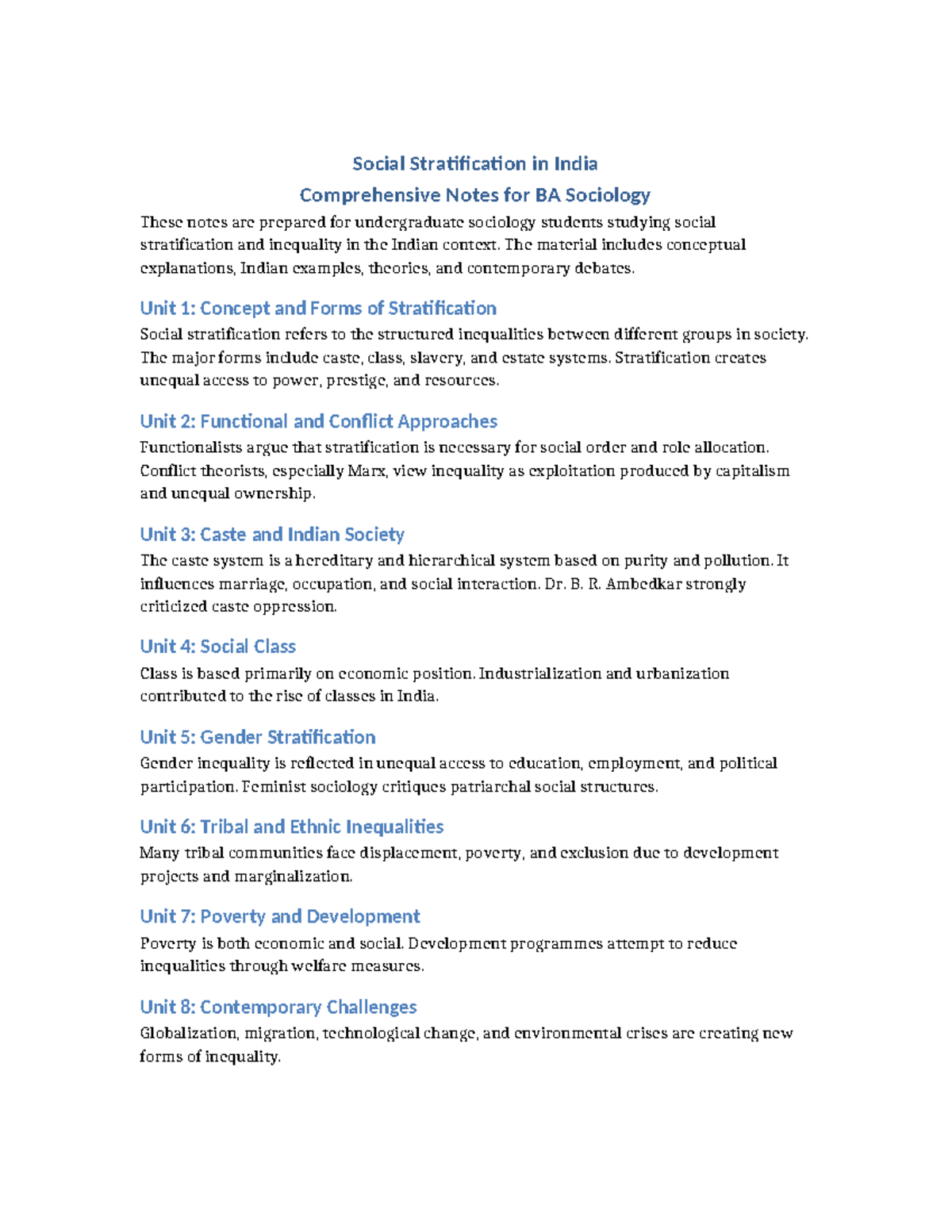 BA Sociology: Comprehensive Notes on Social Stratification in India ...