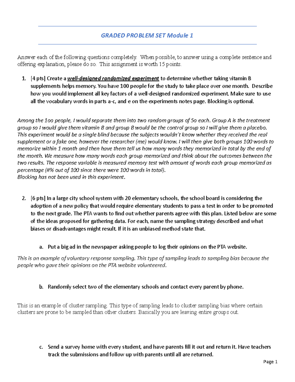 Graded Problem Set Module 1: Experiment Design & Sampling Methods - Studocu