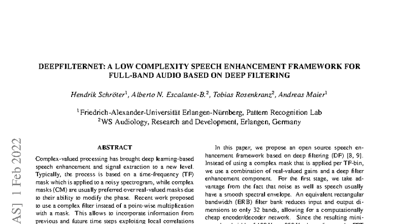 DeepFilterNet: Low Complexity Speech Enhancement Framework - Studocu