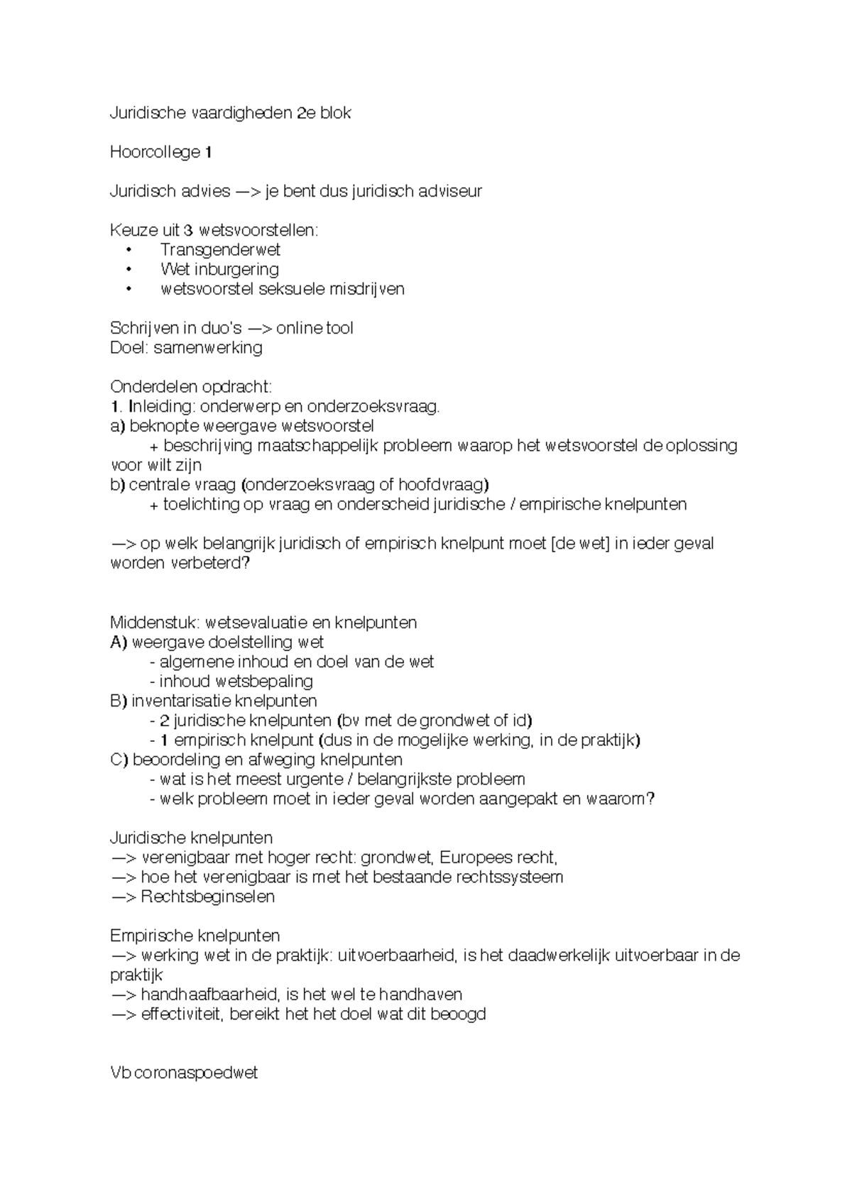 Juridische Vaardigheden 2: Advies en Evaluatie Wetsvoorstellen ...
