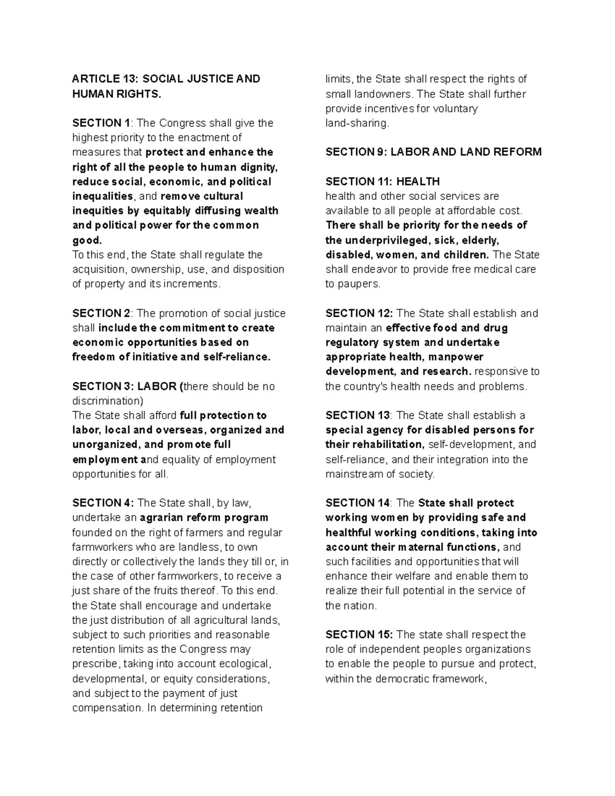 Constitution of the Philippines: Article 13 - Social Justice & Human ...