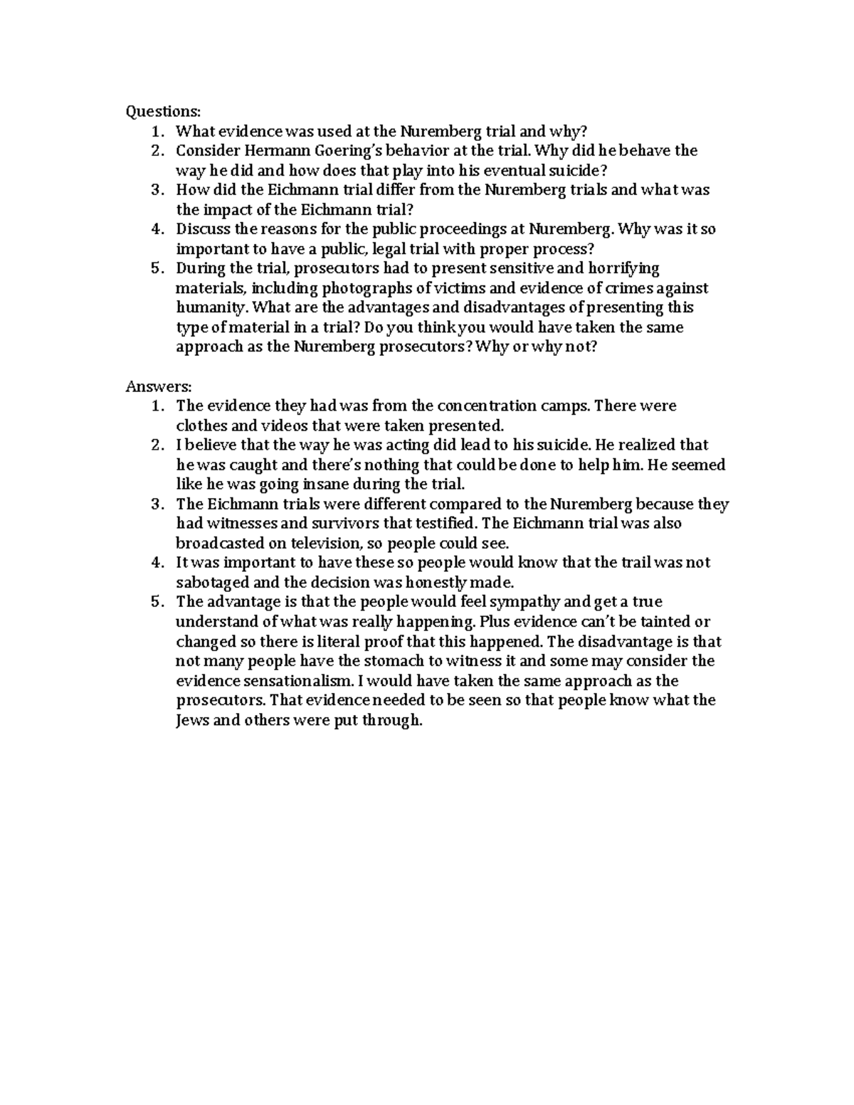 Unit 8 Discussion Questions on Nuremberg and Eichmann Trials - Studocu