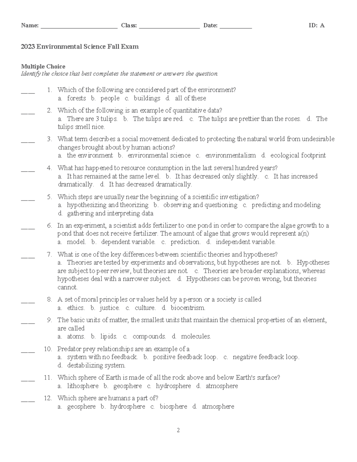 Kami Export - 2023Environmental Science Fall Exam Test Only Version B ...