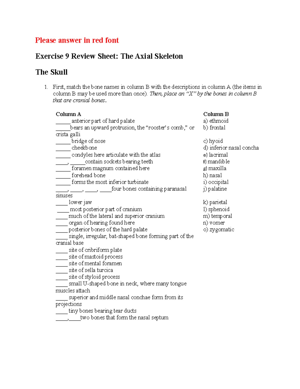 Axial Skeleton Exam Review Sheet - Exercise 9 Notes - Studocu