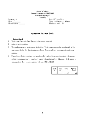 2019-20 YE S1 Eng ans sheet - Queen’s College Yearly Examination 201 9 ...