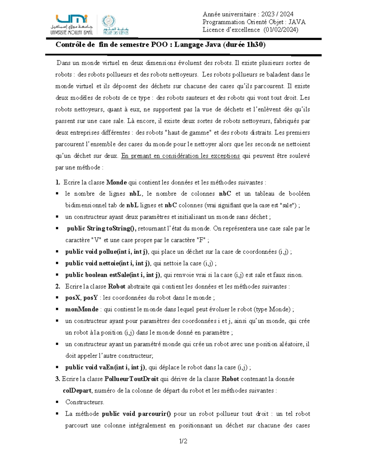 Examen Exc 2024 - Contrôle de POO en Java (1h30) - Studocu