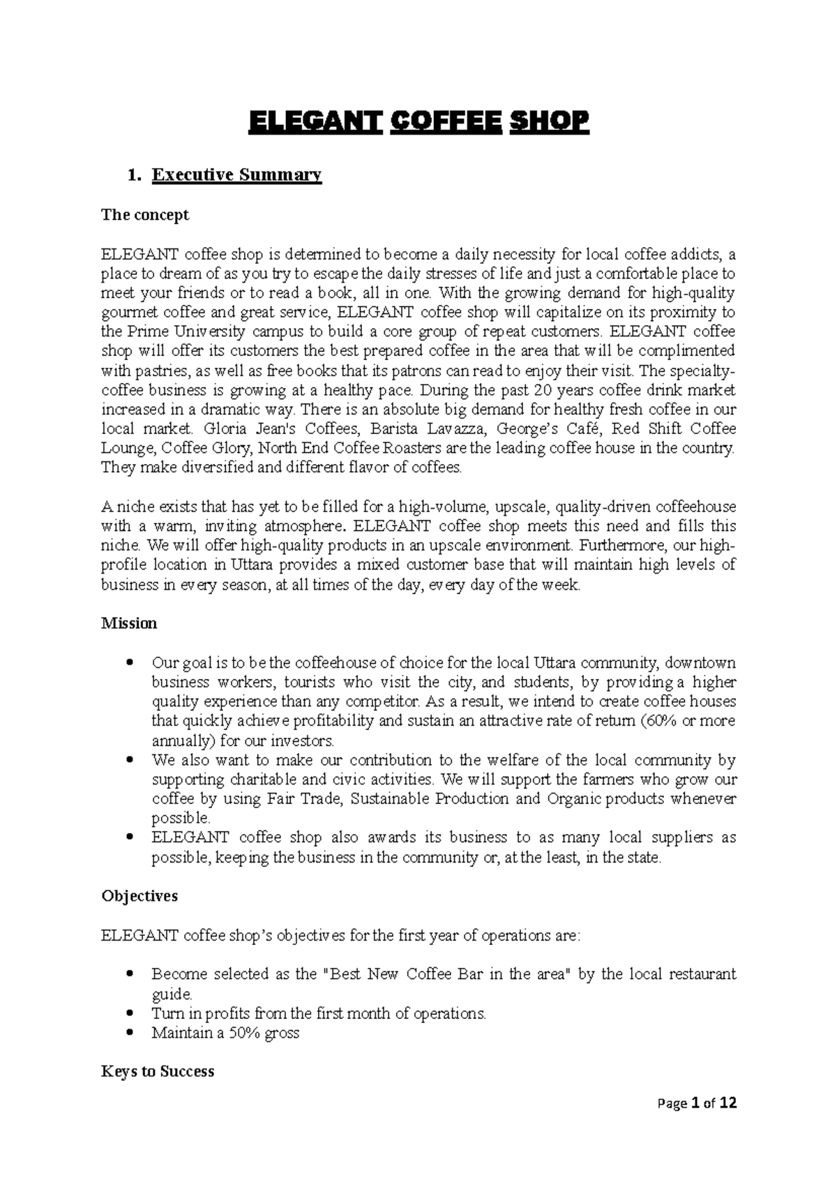 Business Plan for ELEGANT Coffee Shop: A Unique Experience in Uttara ...