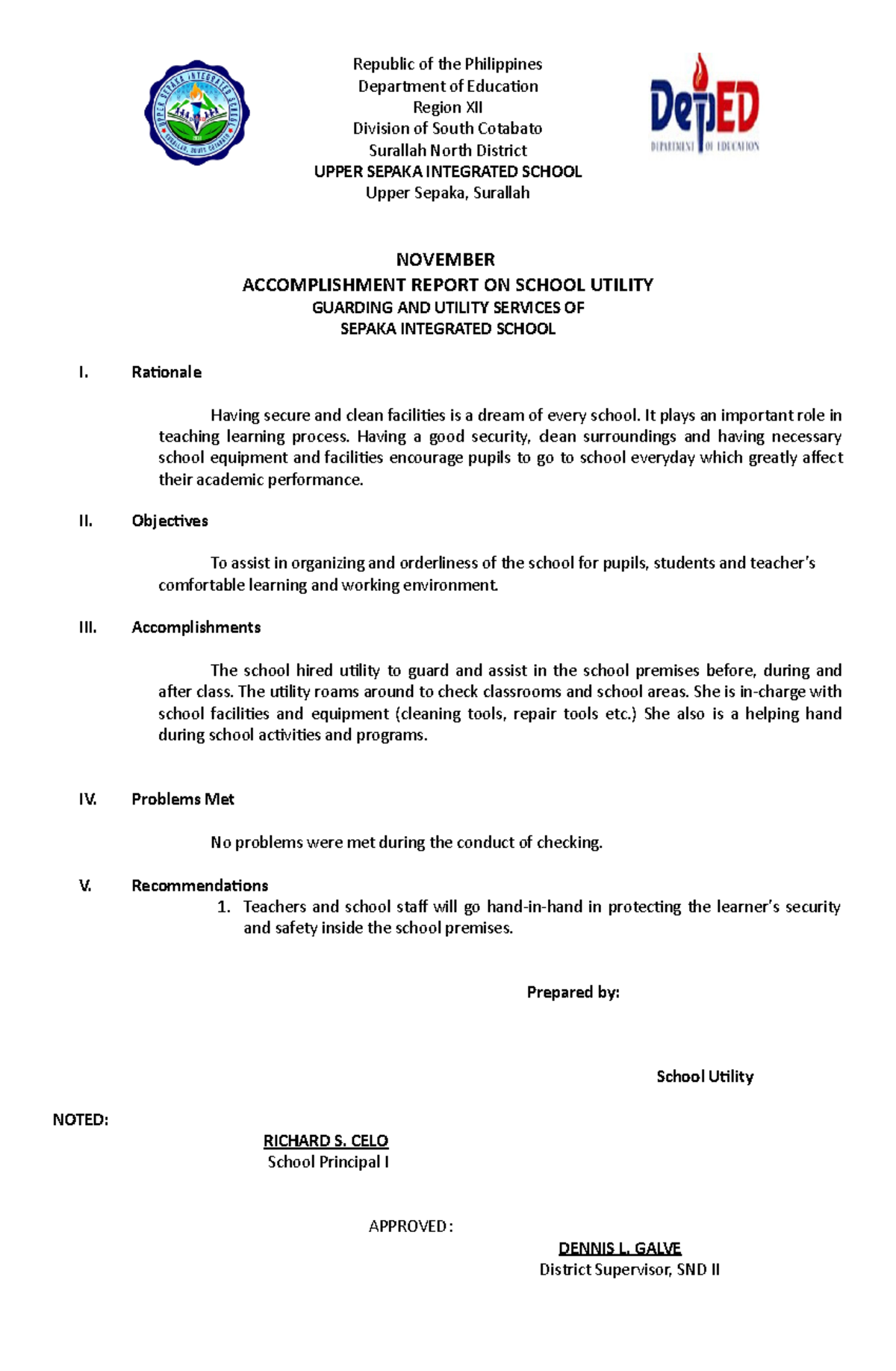 Accomplishment Report on School Utility Services for Nov 2023 - Studocu