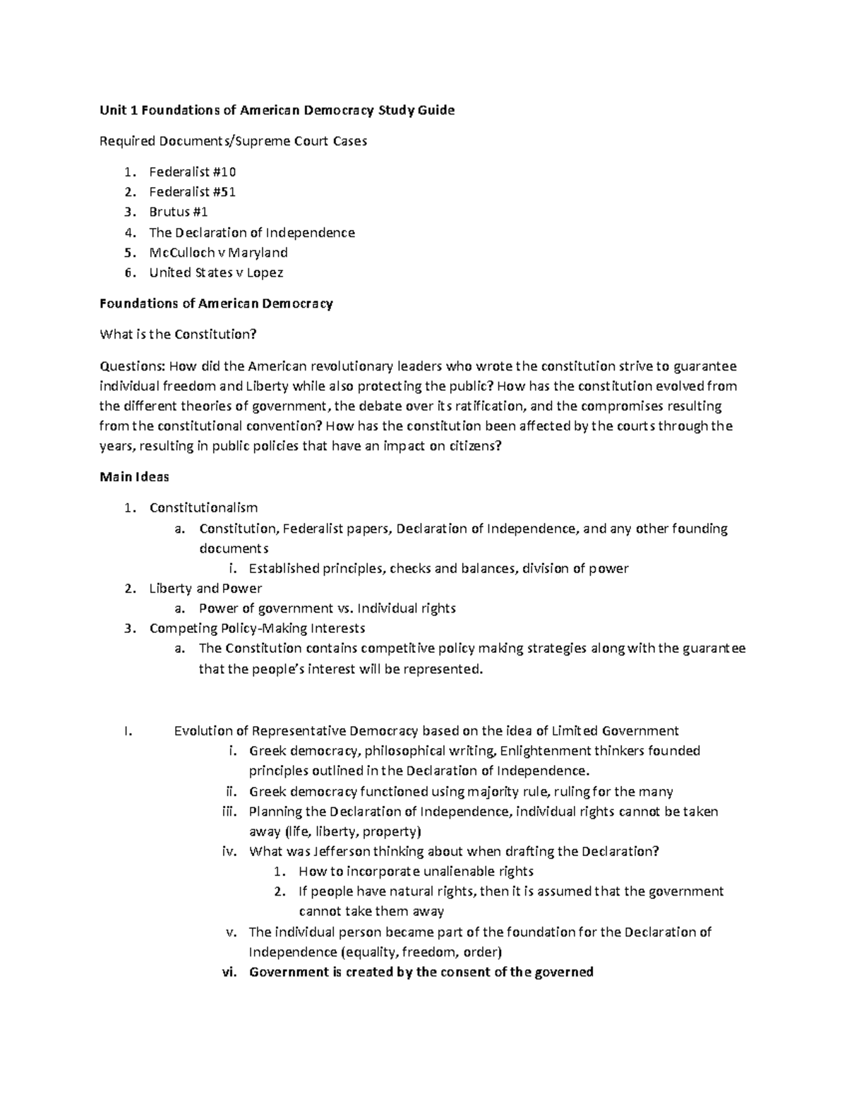Unit 1: Foundations of American Democracy Study Guide & Key Court Cases ...
