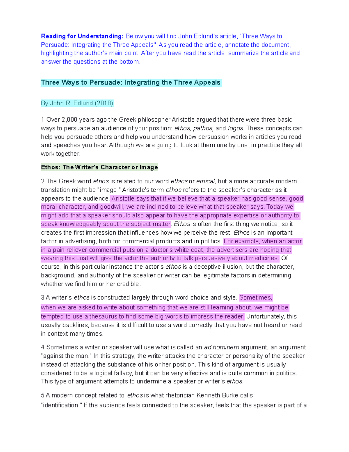 ENG 101: Understanding Persuasion - Three Appeals by John Edlund - Studocu