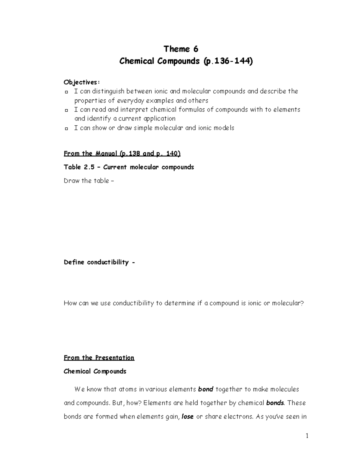Theme 6: Chemical Compounds - Ionic vs. Molecular Properties and ...