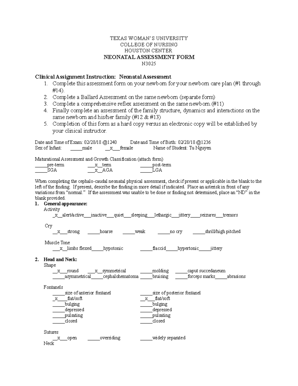 Neonatal Assessment Form & Clinical Assignment: NURS 3001 - Studocu