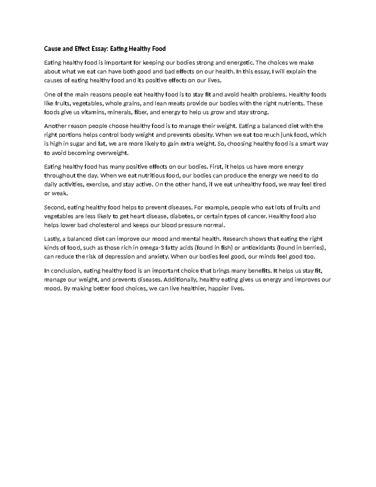 ENG101 - Cause and Effect Essay: Impacts of Healthy vs. Junk Food - Studocu