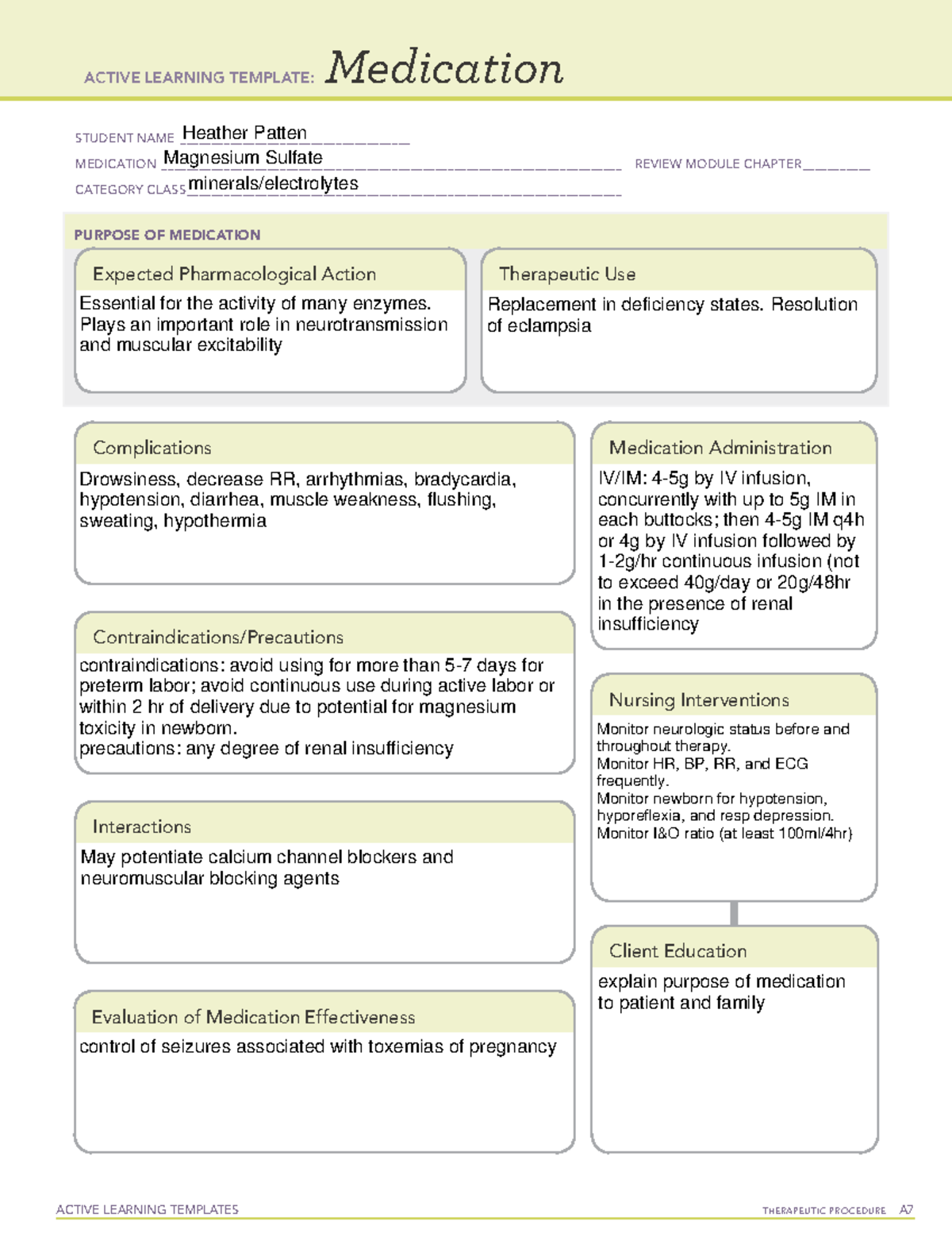 Magnesium Sulfate Medication Template: Active Learning & Nursing ...