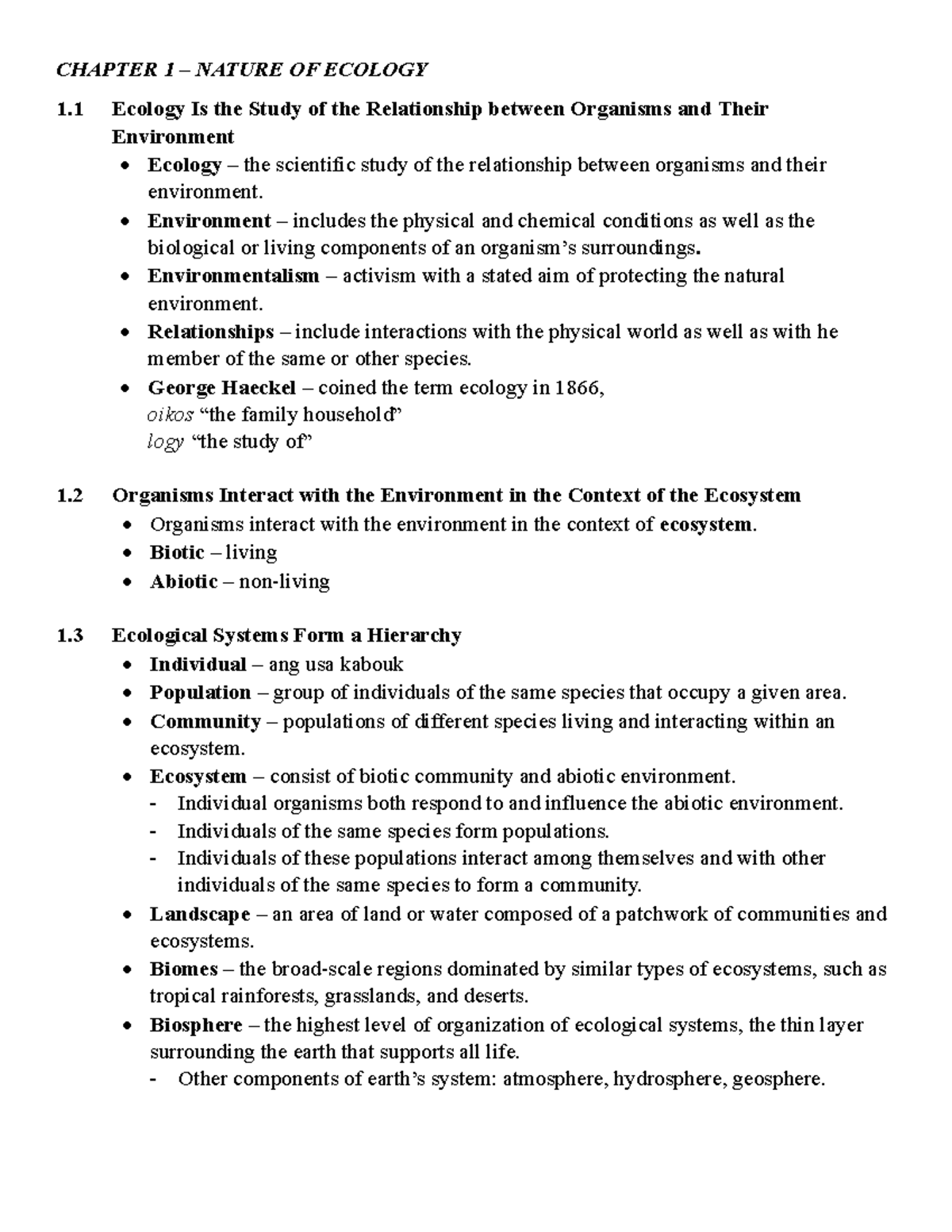 Chapt 1 - Nature OF Ecology - CHAPTER 1 – NATURE OF ECOLOGY 1 Ecology ...