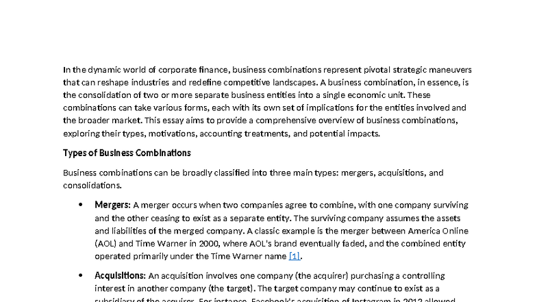 Corporate Finance: Overview of Business Combinations and Their Impacts ...