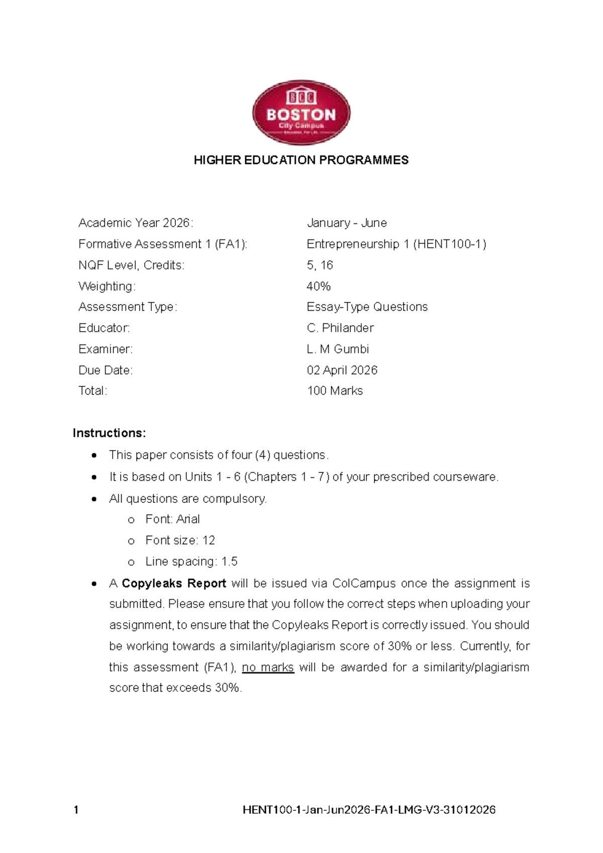 HENT100 FA1: Entrepreneurship Formative Assessment (Jan-Jun 2026) - Studocu