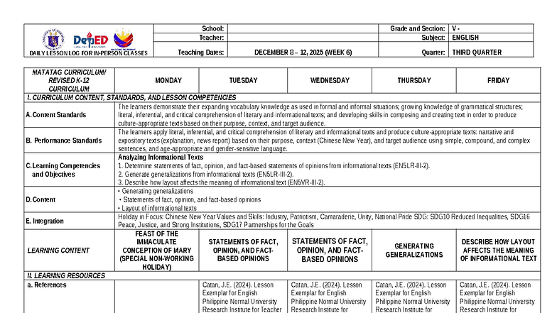 G5 English DLL Q3 W6 - Daily Lesson Plan - Sir DAILY LESSON LOG FOR IN ...