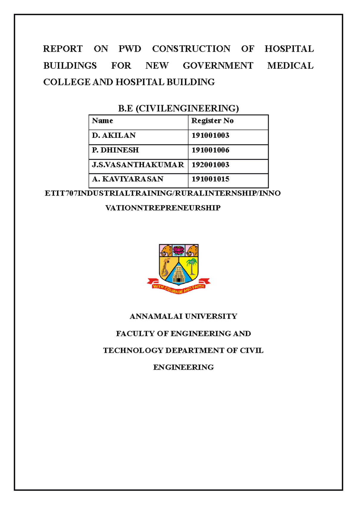 Dindigul internship report - REPORT ON PWD CONSTRUCTION OF HOSPITAL ...
