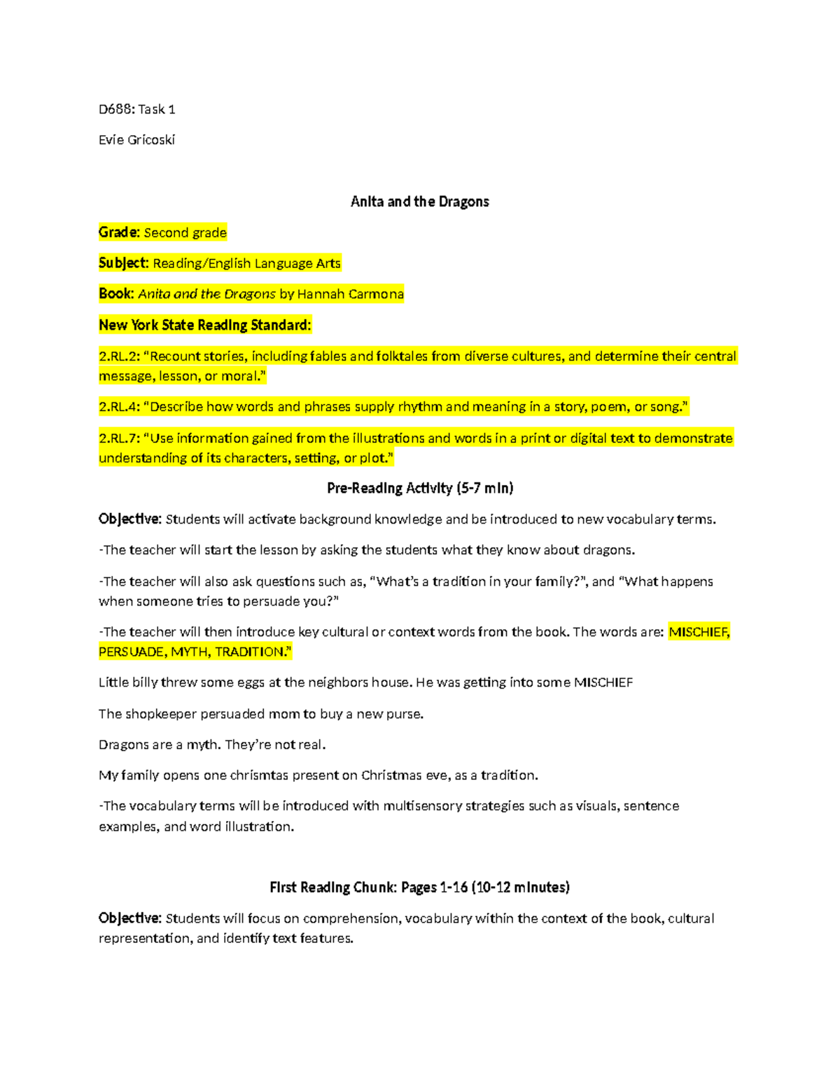 D688: Task 1 - Language Arts Lesson on "Anita and the Dragons" - Studocu