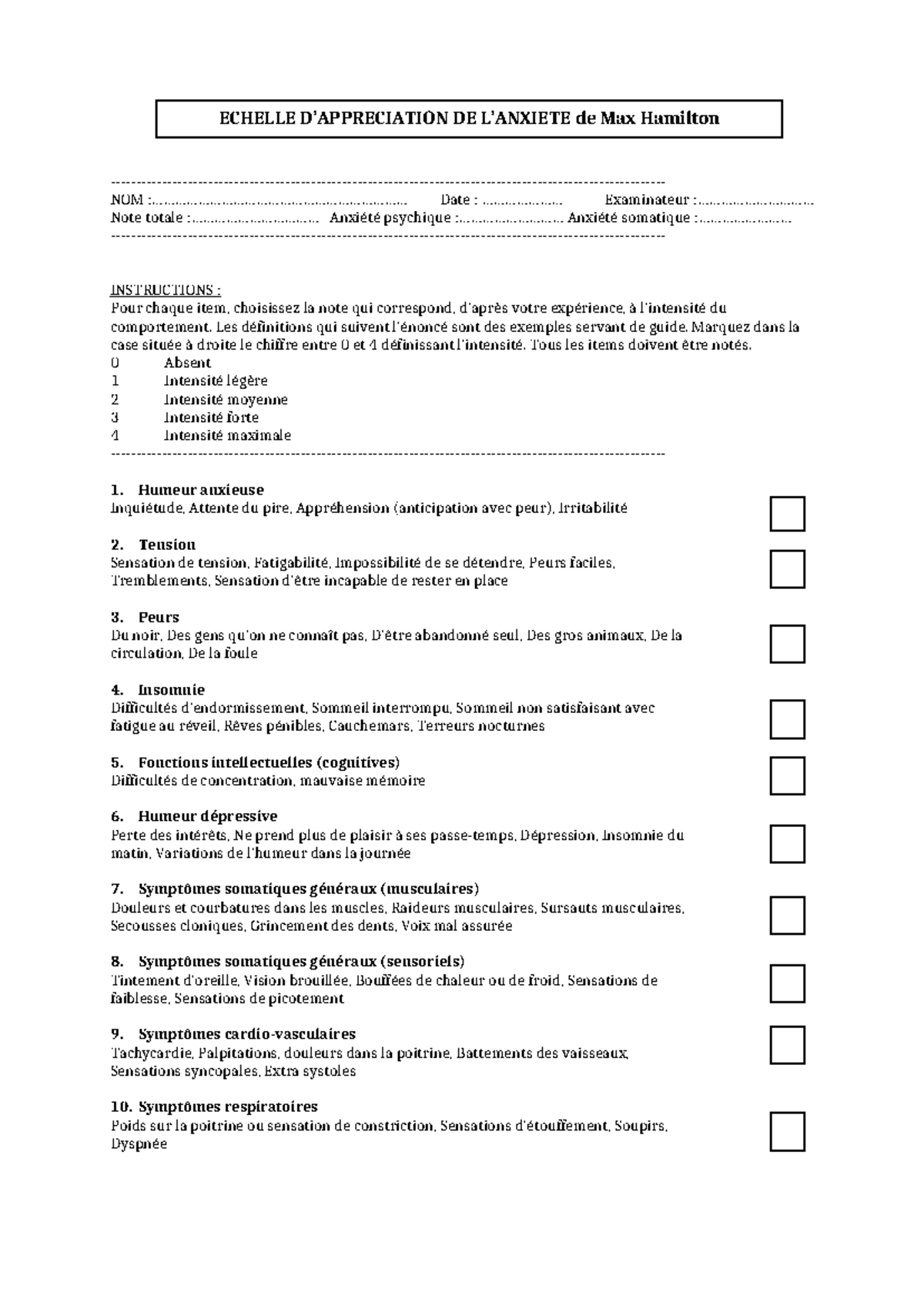 ECHELLE Hamilton: Évaluation de l'Anxiété Psychique et Somatique - Studocu