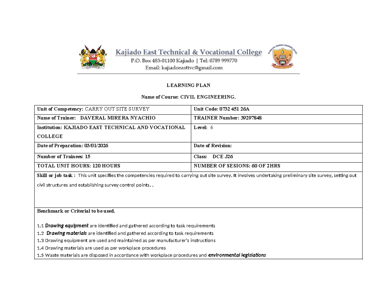 CIVIL ENGINEERING 0732 451 26A: Learning Plan for Site Survey - Studocu