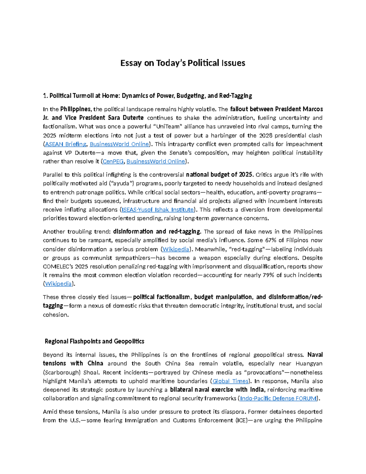 Essay on Political Issues: Dynamics in the Philippines (POL 101) - Studocu